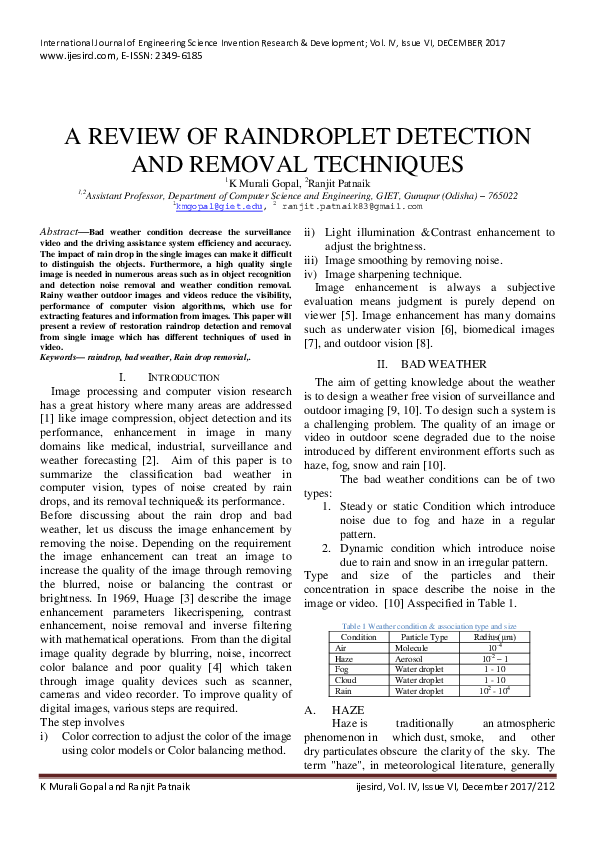 (PDF) A REVIEW OF RAINDROPLET DETECTION AND REMOVAL TECHNIQUES
