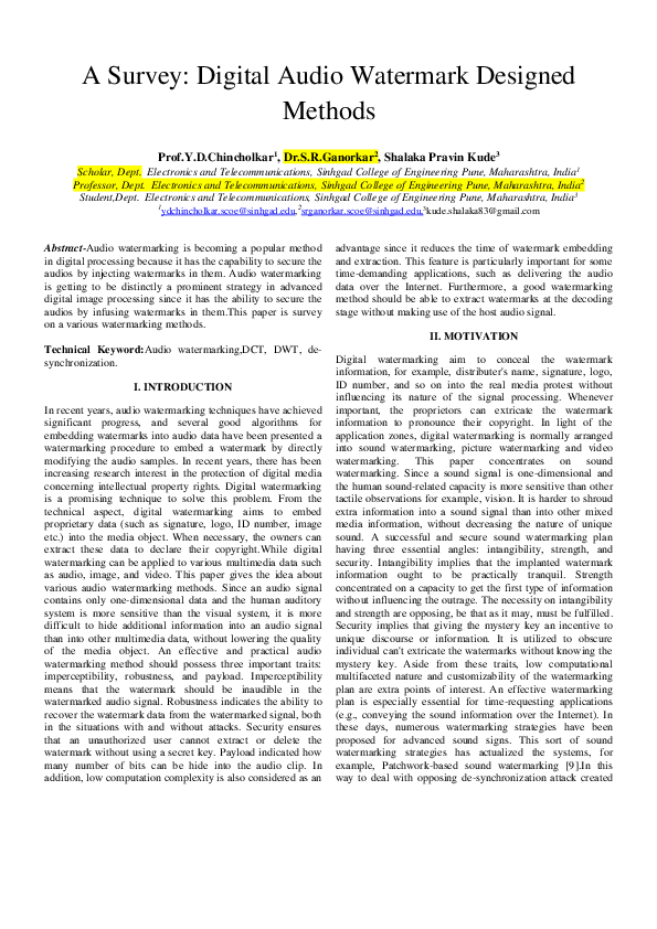 (DOC) A Survey: Digital Audio Watermark Designed Methods