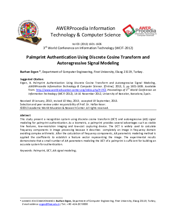 Pdf Palmprint Authentication Using Discrete Cosine Transform And Autoregressive Signal Modeling