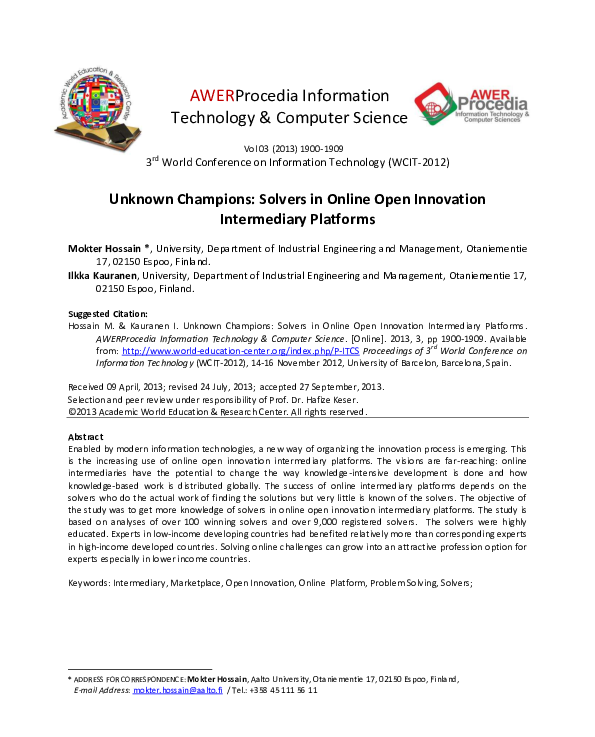 (PDF) Unknown Champions: Solvers in Online Open Innovation Intermediary ...