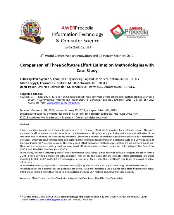 (PDF) Comparison of Three Software Effort Estimation Methodologies with Case Study