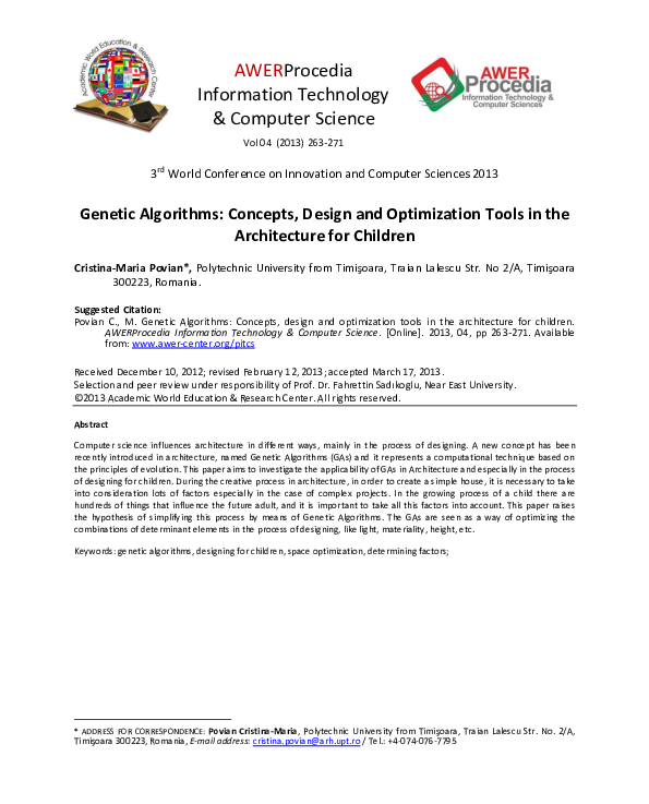 Pdf Genetic Algorithms Concepts Design And Optimization Tools In The Architecture For
