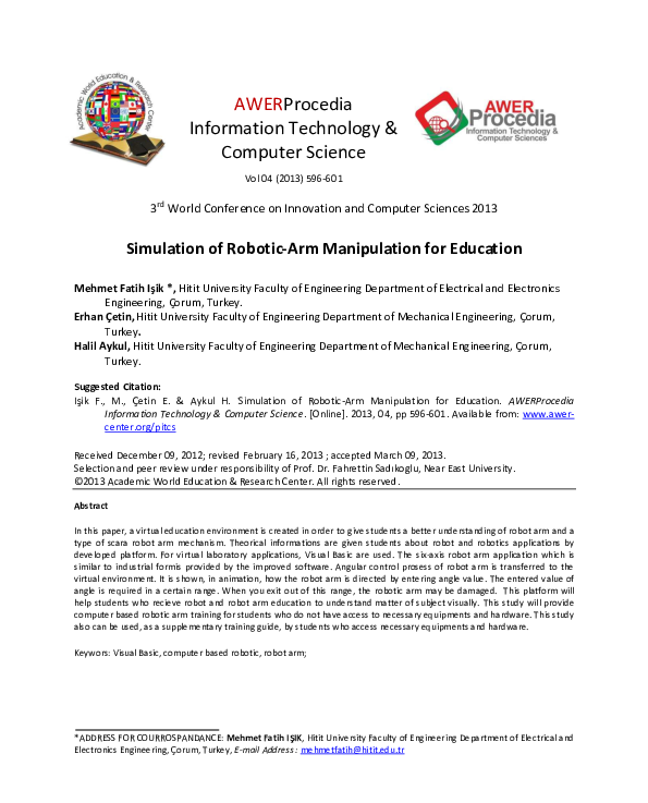 (PDF) Simulation of Robotic-Arm Manipulation for Education