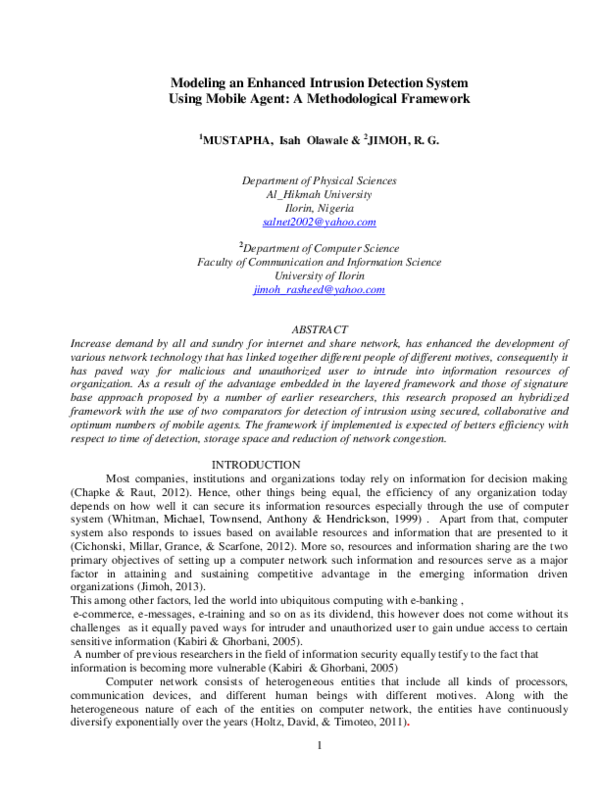 Pdf Modeling An Enhanced Intrusion Detection System Using Mobile Agent A Methodological
