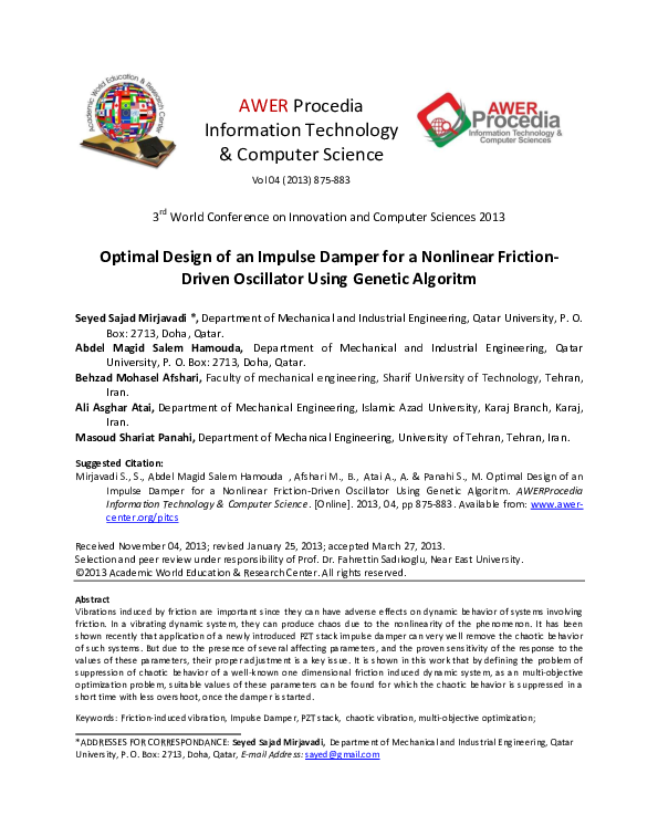 Pdf Optimal Design Of An Impulse Damper For A Nonlinear Friction Driven Oscillator Using