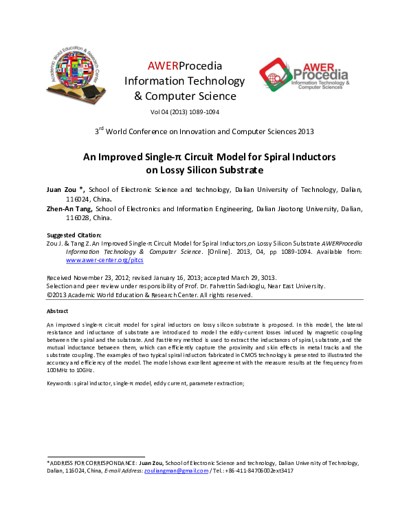 Pdf An Improved Single π Circuit Model For Spiral Inductors On Lossy Silicon Substrate