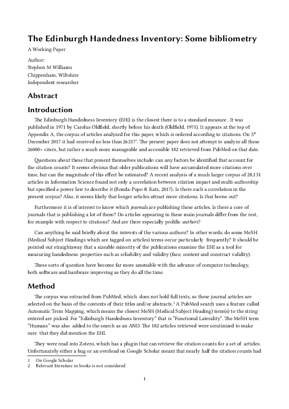 (PDF) The Edinburgh Handedness Inventory: Some bibliometry