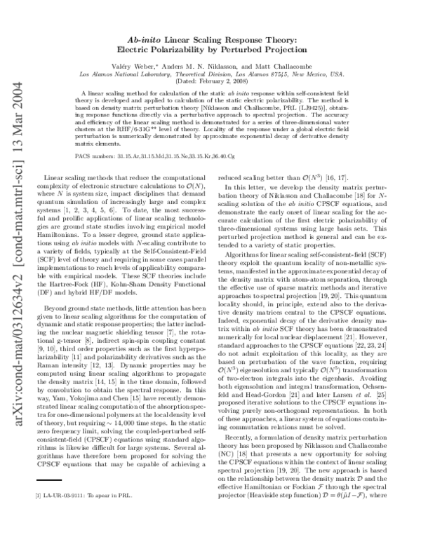 Pdf Ab Initio Linear Scaling Response Theory Electric Polarizability