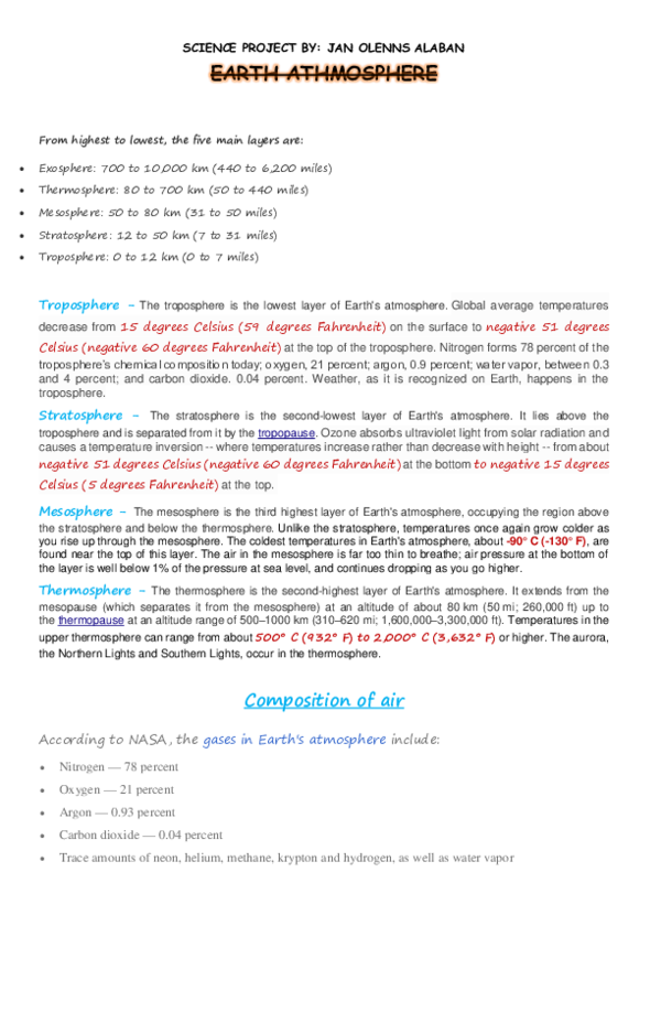 (DOC) EARTH ATHMOSPHERE (Assignment Research)