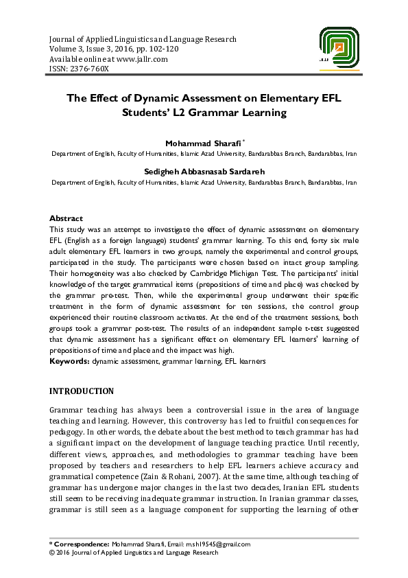 (PDF) The Effect of Dynamic Assessment on Elementary EFL Students' L2 Grammar Learning