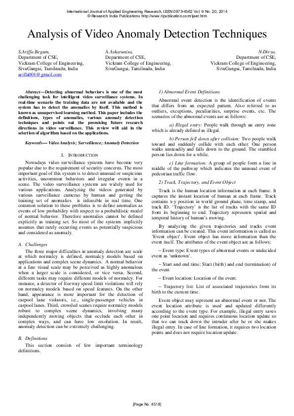 (PDF) Analysis of Video Anomaly Detection Techniques