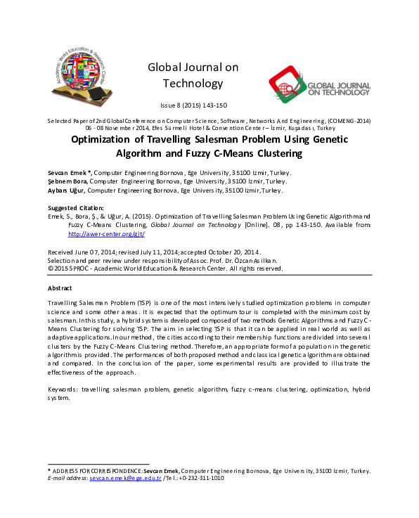 Pdf Optimization Of Travelling Salesman Problem Using Genetic Algorithm And Fuzzy C Means