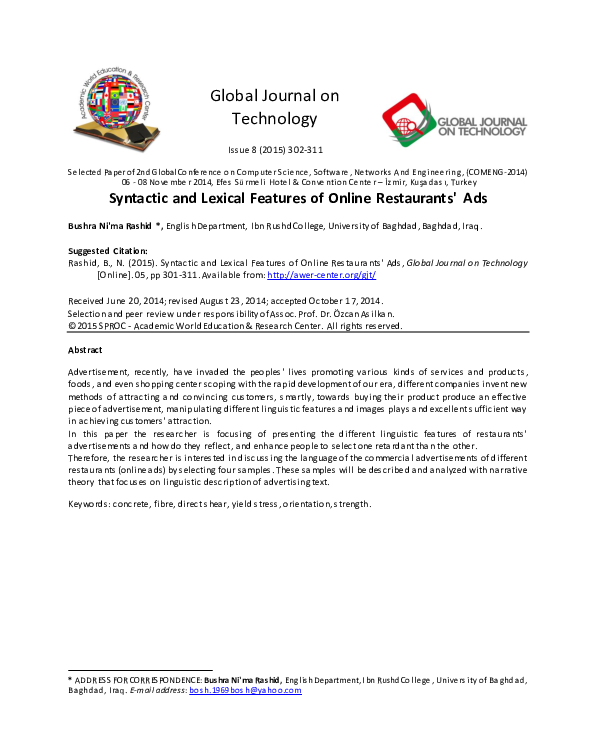 Pdf Syntactic And Lexical Features Of Online Restaurants Ads