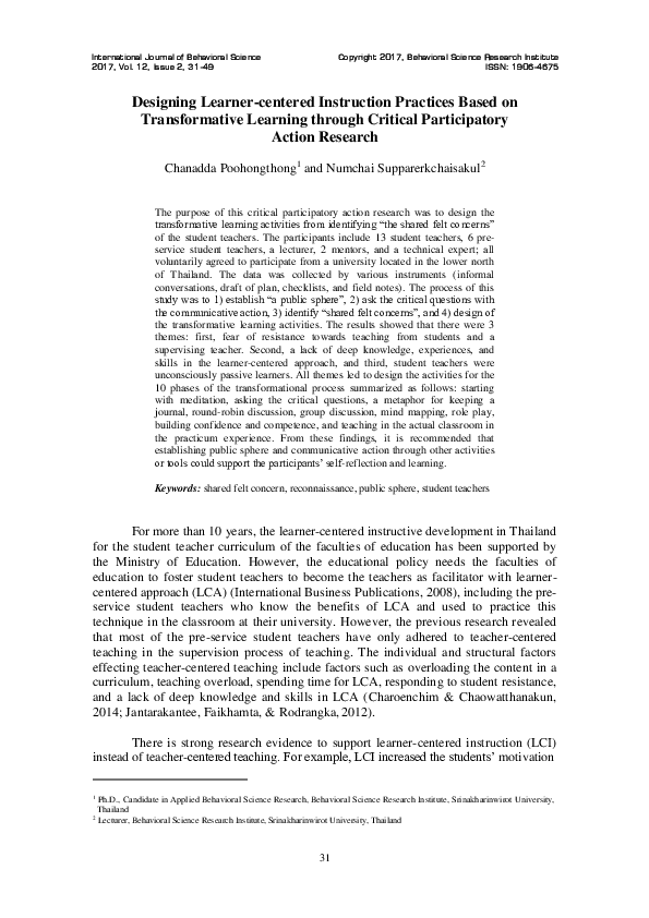 (PDF) Designing Learner-centered Instruction Practices Based on Transformative Learning through ...