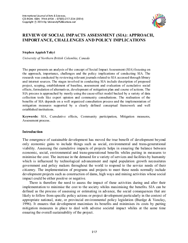 (PDF) Review of Social Impacts Assessment (SIA): Approach, Importance ...