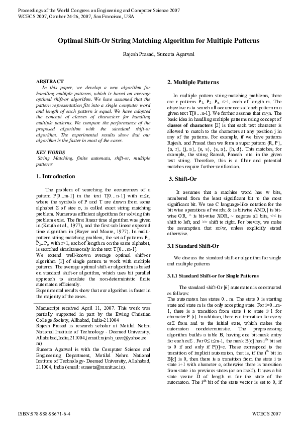 (PDF) Optimal Shift-or string matching algorithm for multiple patterns