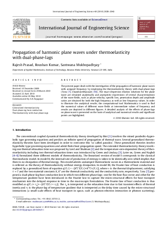 (PDF) Propagation of harmonic plane waves under thermoelasticity with ...
