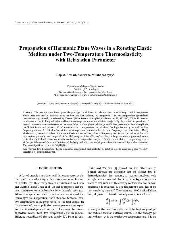 (PDF) Propagation of Harmonic Plane Waves in a Rotating Elastic Medium ...