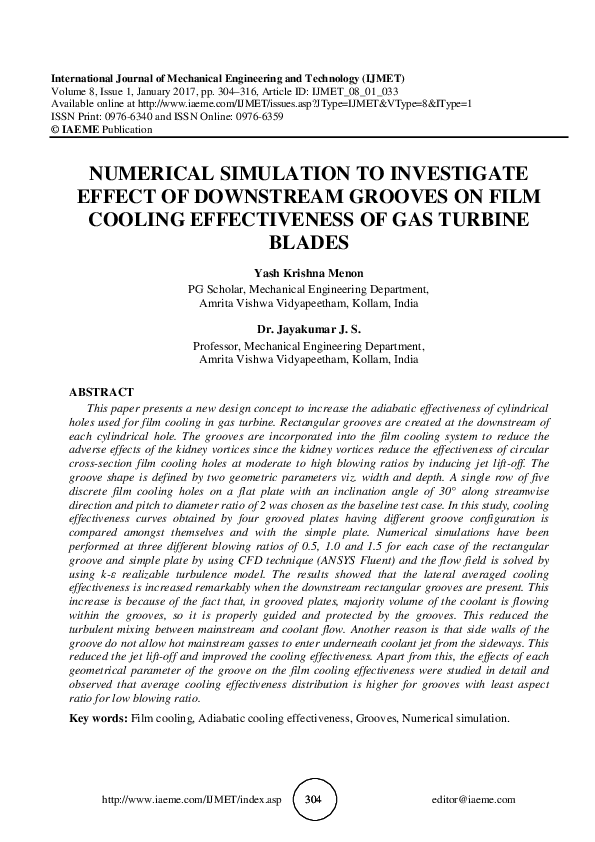 (PDF) NUMERICAL SIMULATION TO INVESTIGATE EFFECT OF DOWNSTREAM GROOVES ON FILM COOLING ...