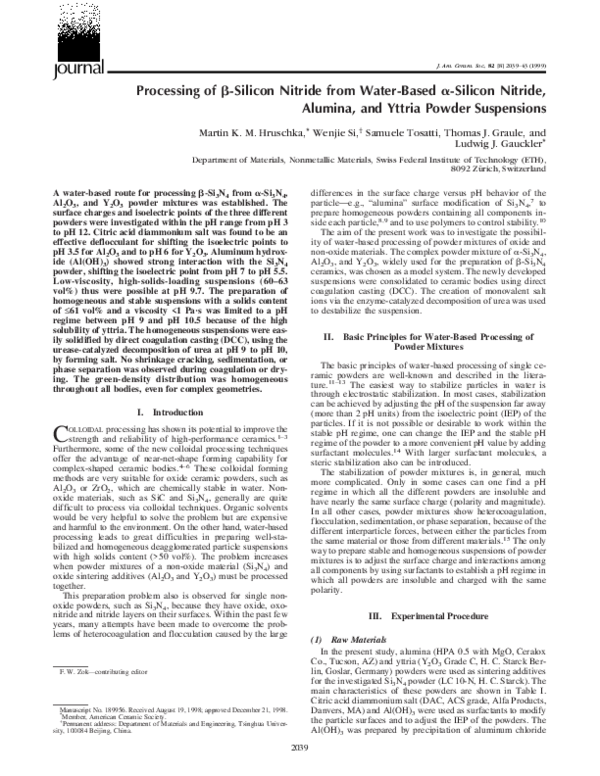 (PDF) Processing of -Silicon Nitride from Water-Based -Silicon Nitride ...