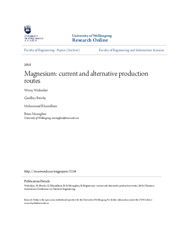 (PDF) Magnesium: current and alternative production routes