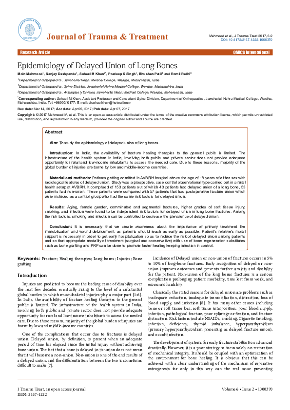 (PDF) epidemiology-of-delayed-union-of-long-bones | Sohael M Khan ...