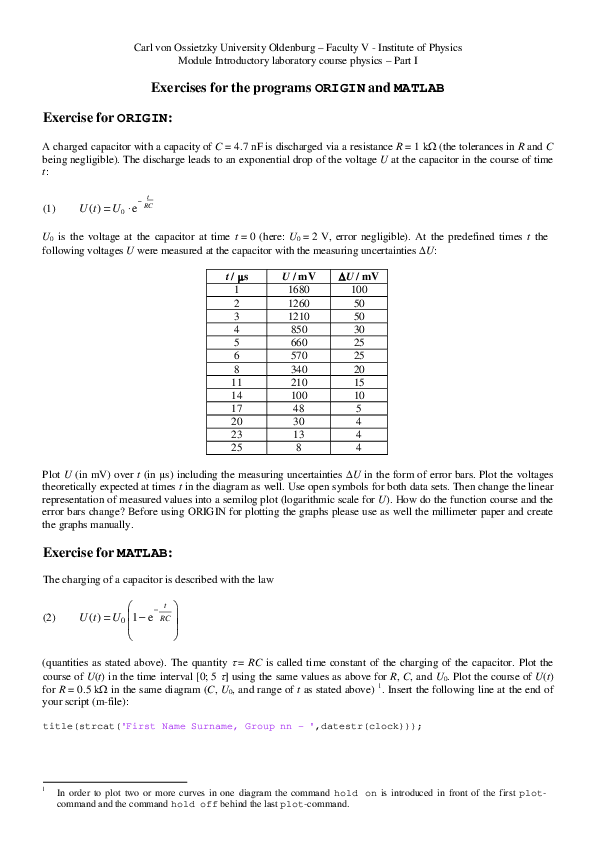 (PDF) Exercises for the programs ORIGIN and MATLAB Exercise for ORIGIN