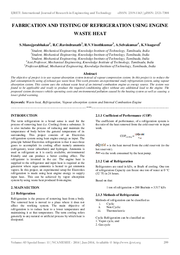 (PDF) FABRICATION AND TESTING OF REFRIGERATION USING ENGINE WASTE HEAT