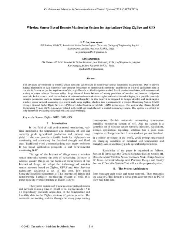 (PDF) Wireless Sensor Based Remote Monitoring System for Agriculture Using ZigBee and GPS