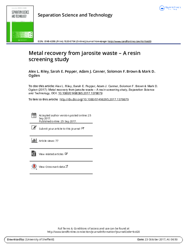 (PDF) Separation Science and Technology Metal recovery from jarosite ...