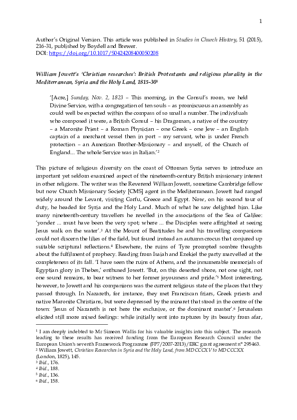 (PDF) 'William Jowett's "Christian Researches": British Protestants and ...