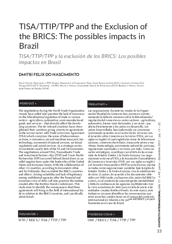 (PDF) TISA/TTIP/TPP and the Exclusion of the BRICS: The possibles ...