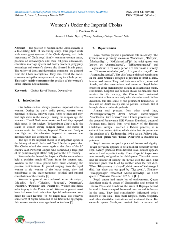 (PDF) Women's Under the Imperial Cholas