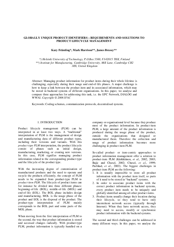 (PDF) Globally unique product identifiers-requirements and solutions to ...