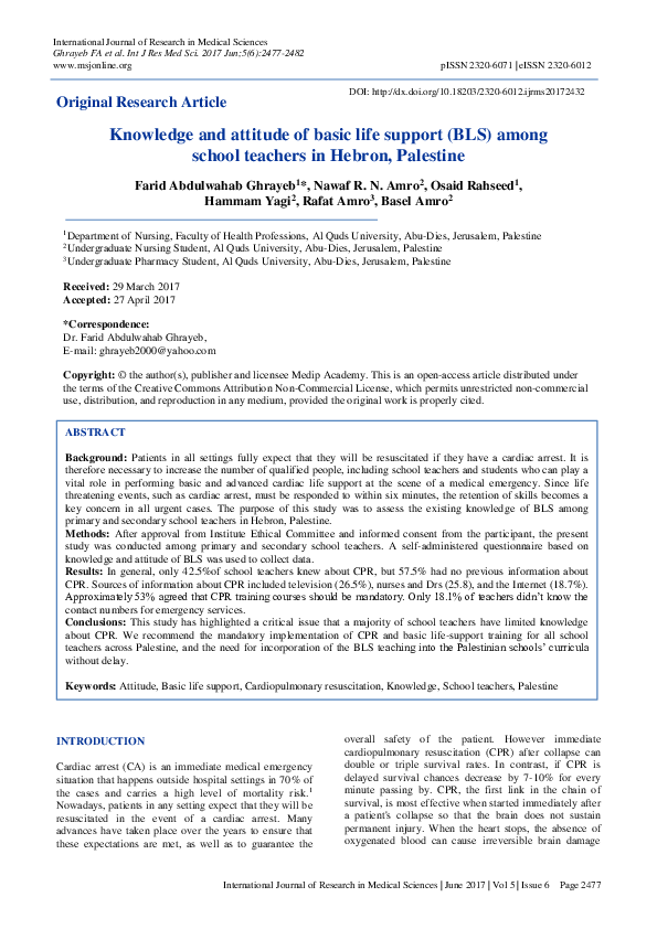 (PDF) Knowledge and attitude of basic life support (BLS) among school ...