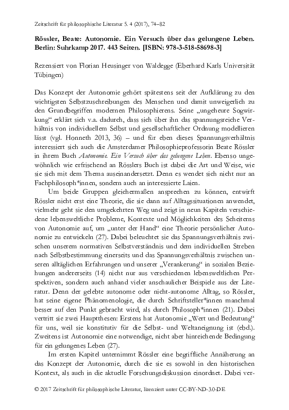 (PDF) Beate Rössler: Autonomie. Ein Versuch über das gelungene Leben