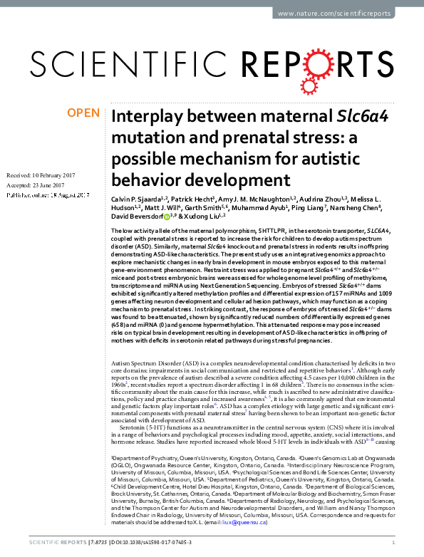(PDF) Interplay between maternal Slc6a4 mutation and prenatal stress: a possible mechanism for ...