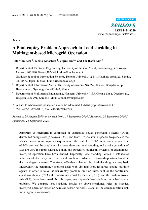 (PDF) Bankruptcy problem approach to load-shedding in agent-based microgrid operation