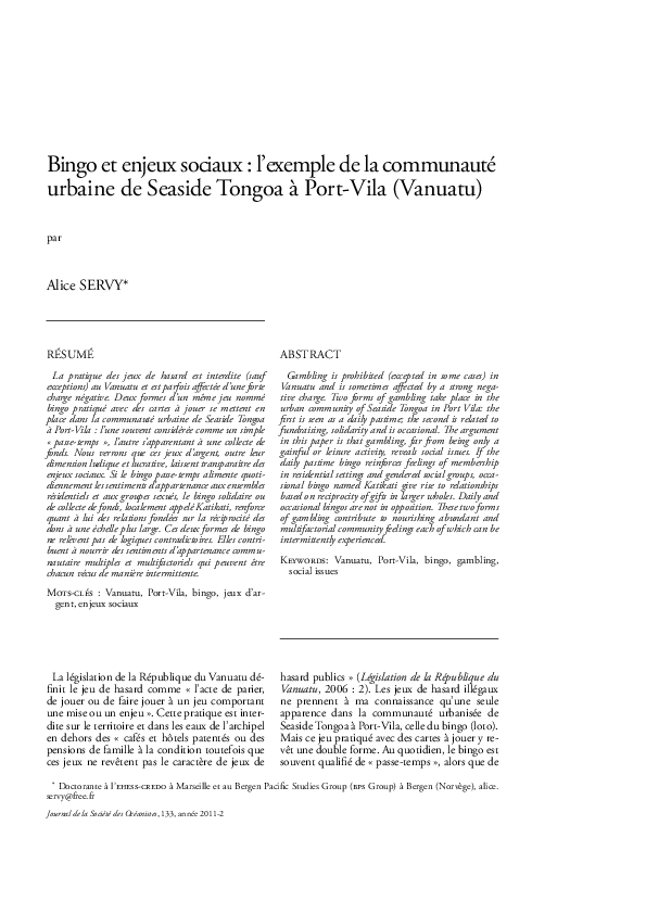 (PDF) SERVY Alice, 2011. Bingo et enjeux sociaux : L’exemple de la ...