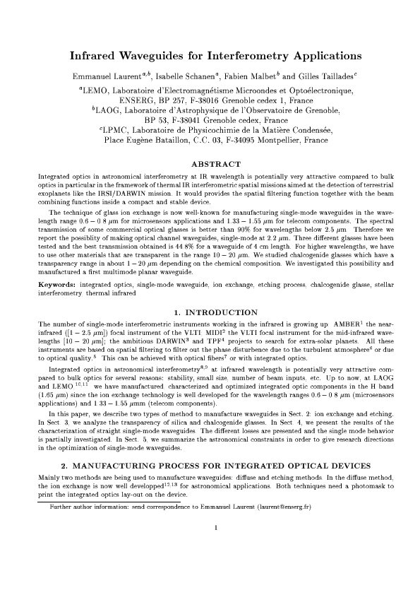 (PDF) Infrared waveguides for interferometry applications