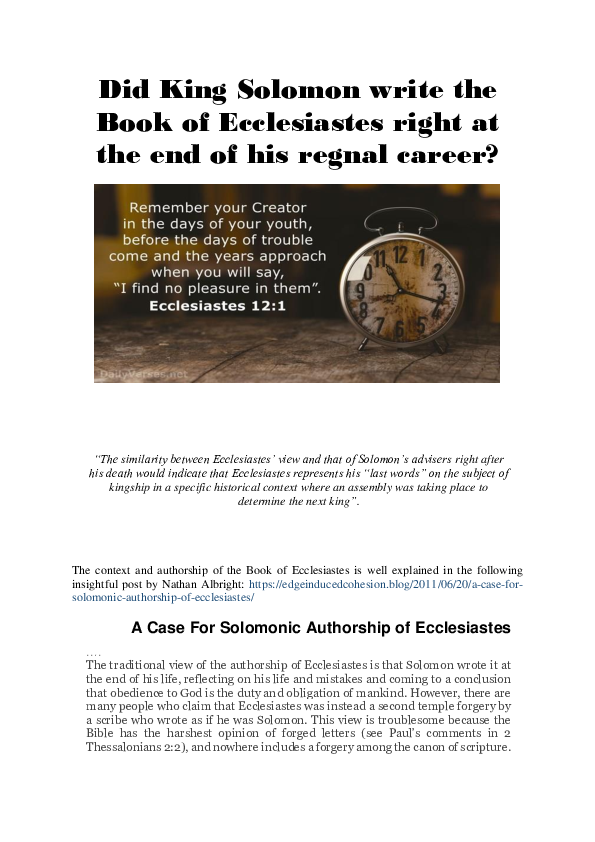 (DOC) Did King Solomon write the Book of Ecclesiastes right at the end ...