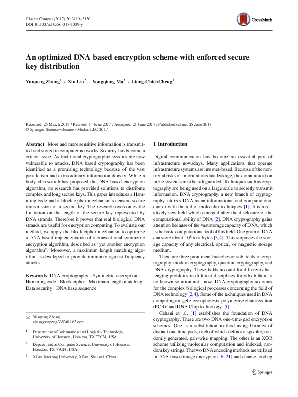 Pdf An Optimized Dna Based Encryption Scheme With Enforced Secure Key Distribution