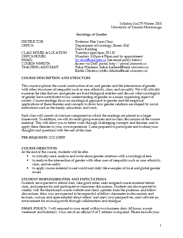 (PDF) Syllabus: Sociology of Gender (Undergrad, SOC275)