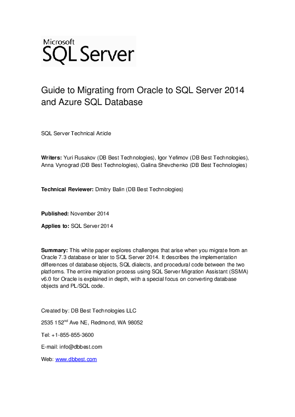 (PDF) Guide to Migrating from Oracle to SQL Server 2014 and Azure SQL ...