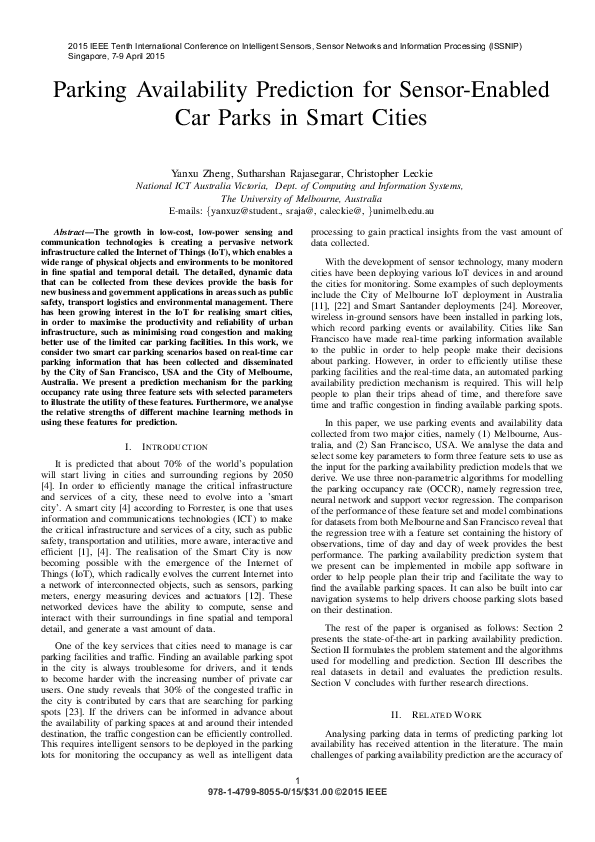 (PDF) Parking Availability Prediction for Sensor-Enabled Car Parks in Smart Cities