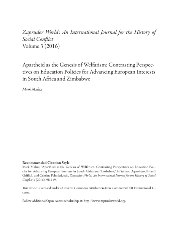 (PDF) Apartheid as the Genesis of Welfarism: Contrasting Perspectives ...