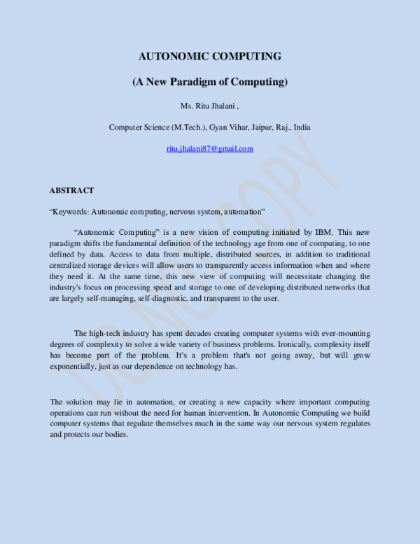 Doc Autonomic Computing A New Paradigm Of Computing
