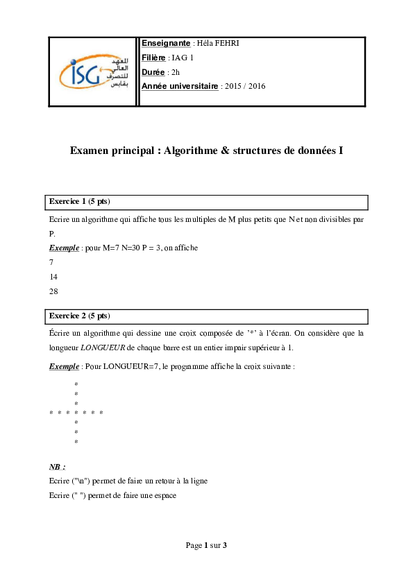 (PDF) Examen principal : Algorithme & structures de données I