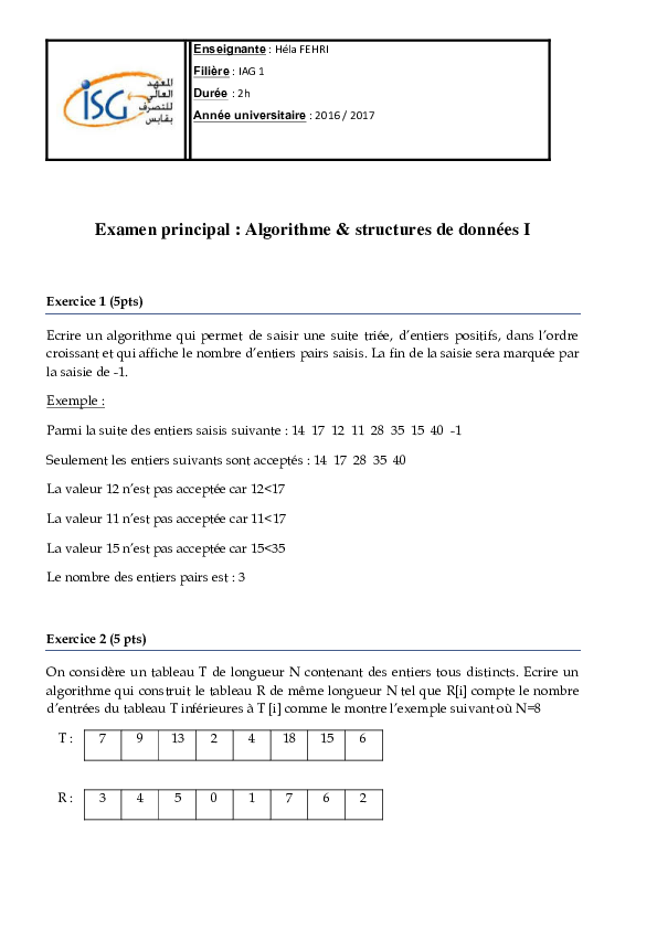 (PDF) Enseignante : Héla FEHRI Filière : IAG 1 Durée : 2h Examen principal : Algorithme ...