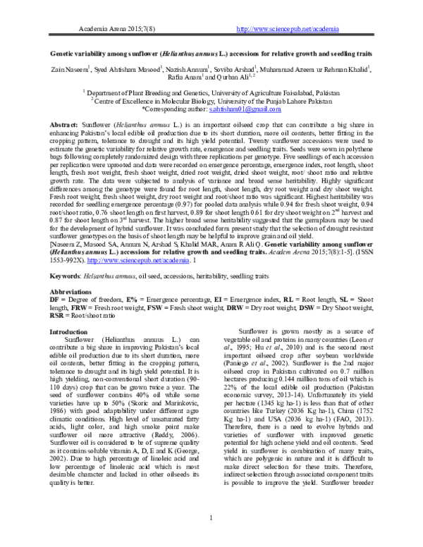 (PDF) Genetic variability among sunflower (Helianthus annuus L ...